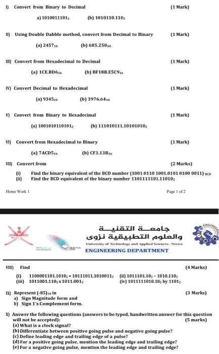 Solved (1 Mark) 1) Convert from Binary to Decimal a) | Chegg.com