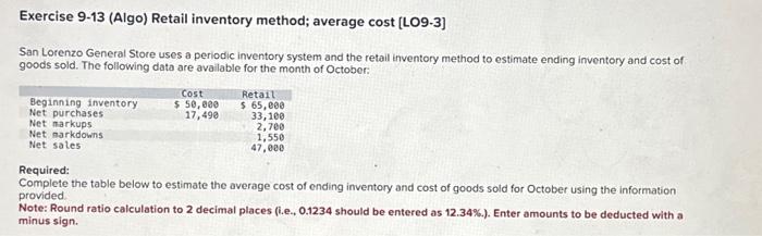 Solved Exercise 9-13 (Algo) Retail inventory method; average | Chegg.com