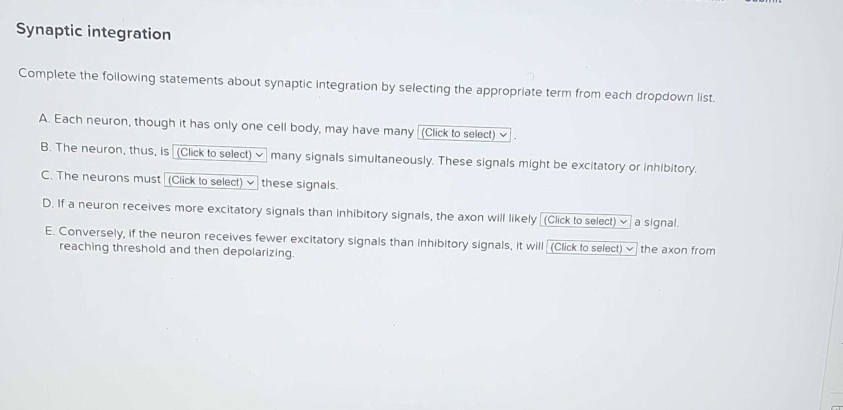 Solved Synaptic integration Complete the following | Chegg.com