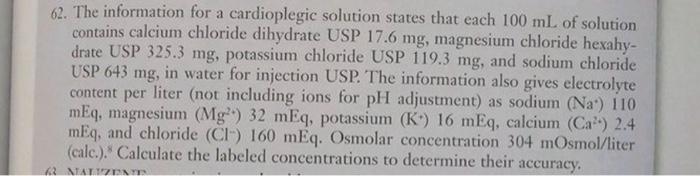 Solved 62. The information for a cardioplegic solution | Chegg.com