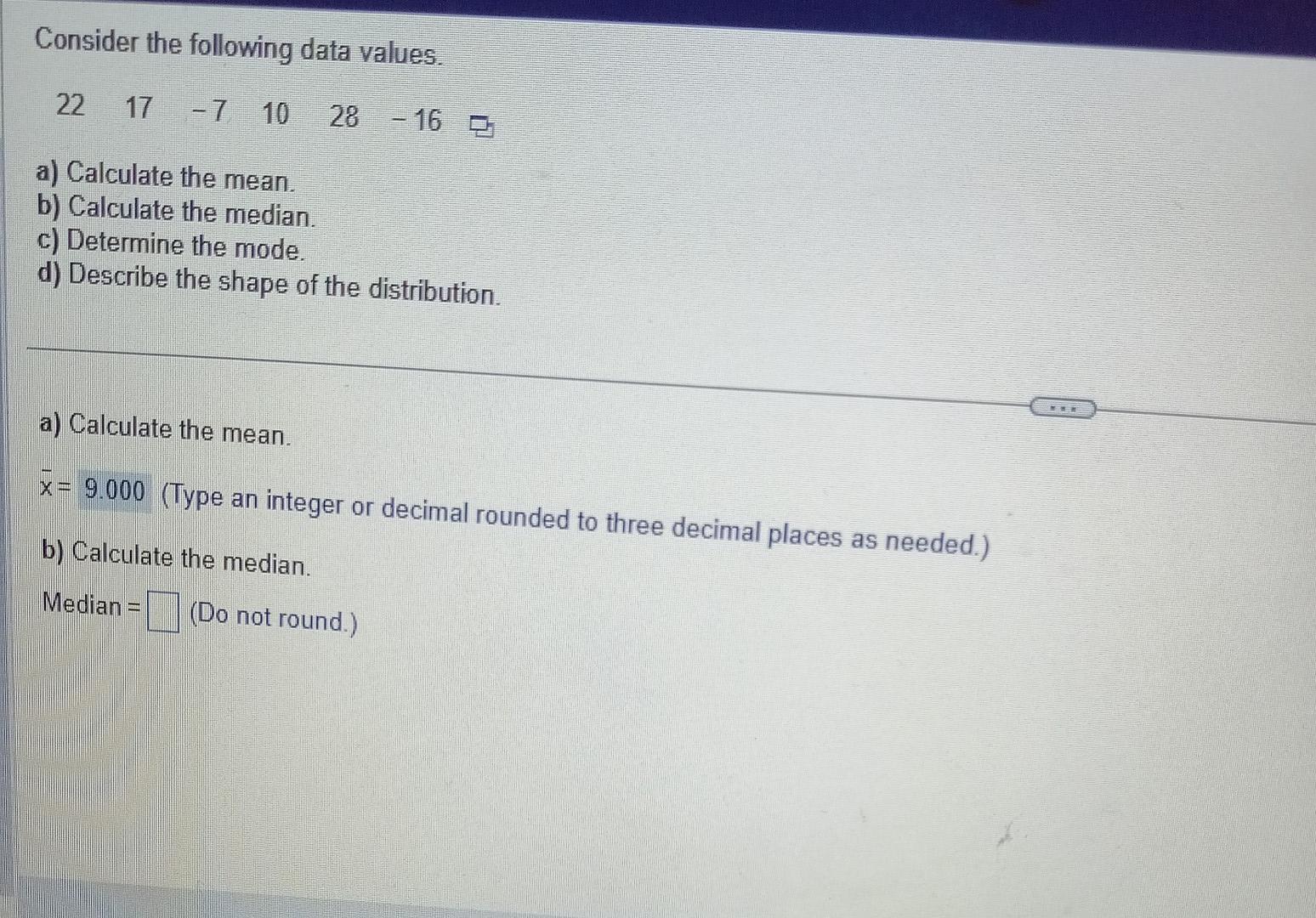 Consider the following data values. 2217−71028−16 a) | Chegg.com