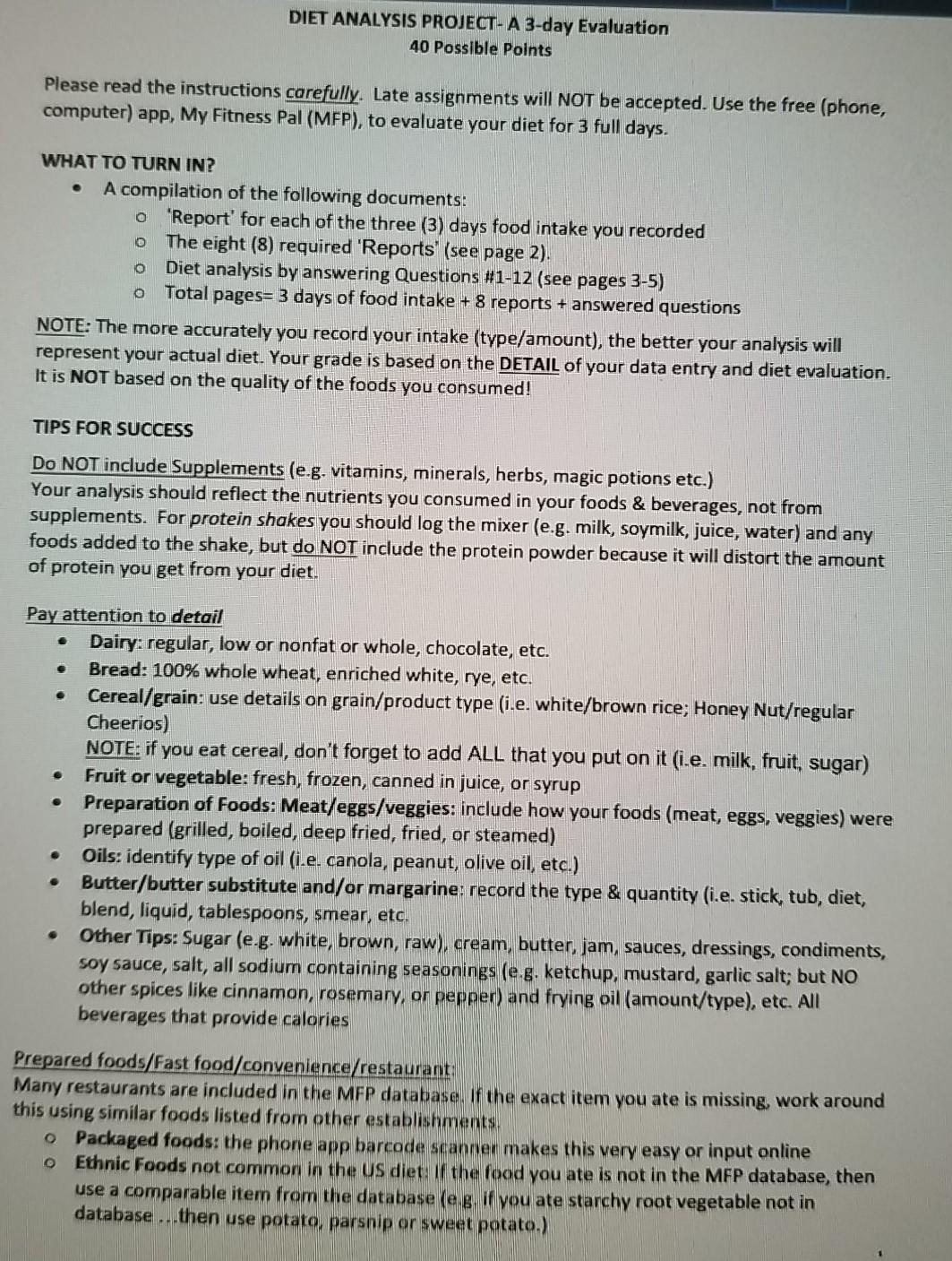 DIET ANALYSIS PROJECT- A 3-day Evaluation 40 Possible | Chegg.com