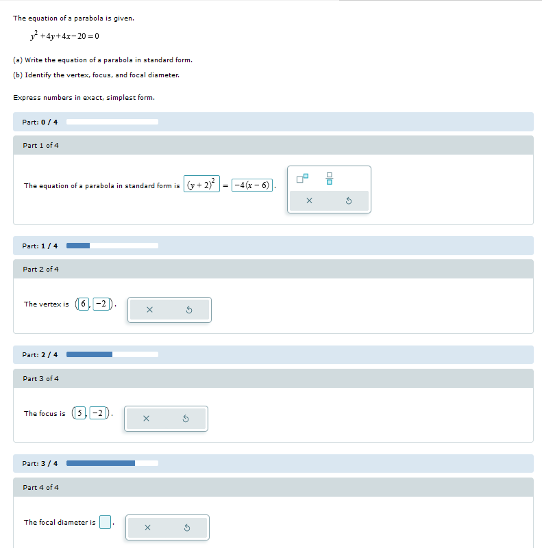 Solved The equation of a parabola is given.y2+4y+4x-20=0(a) | Chegg.com