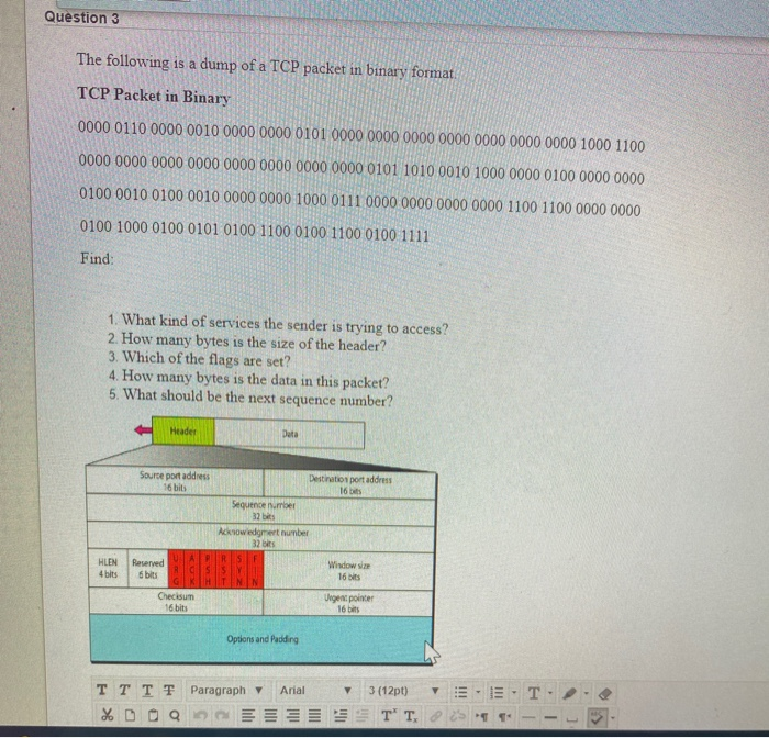 Question 3 The following is a dump of a TCP packet in | Chegg.com