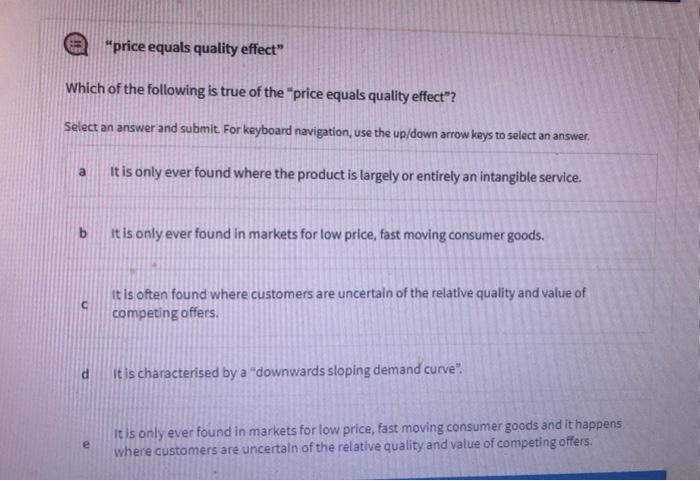 Solved "price equals quality effect" Which of the following | Chegg.com
