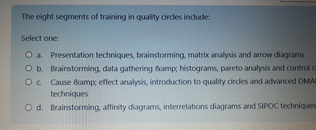 Solved The eight segments of training in quality circles | Chegg.com