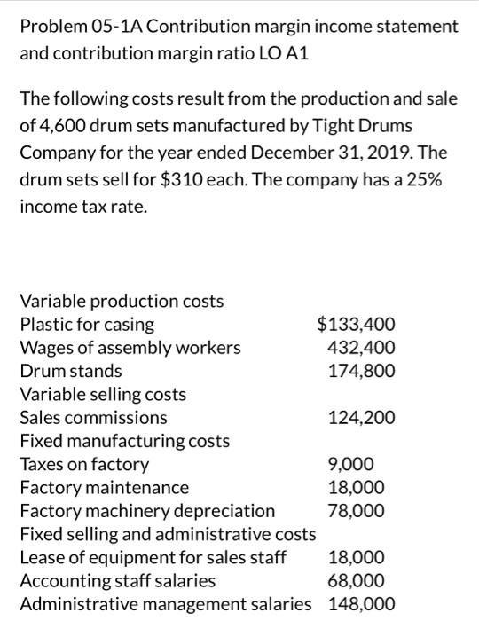 Solved Problem 05-1A Contribution margin income statement | Chegg.com