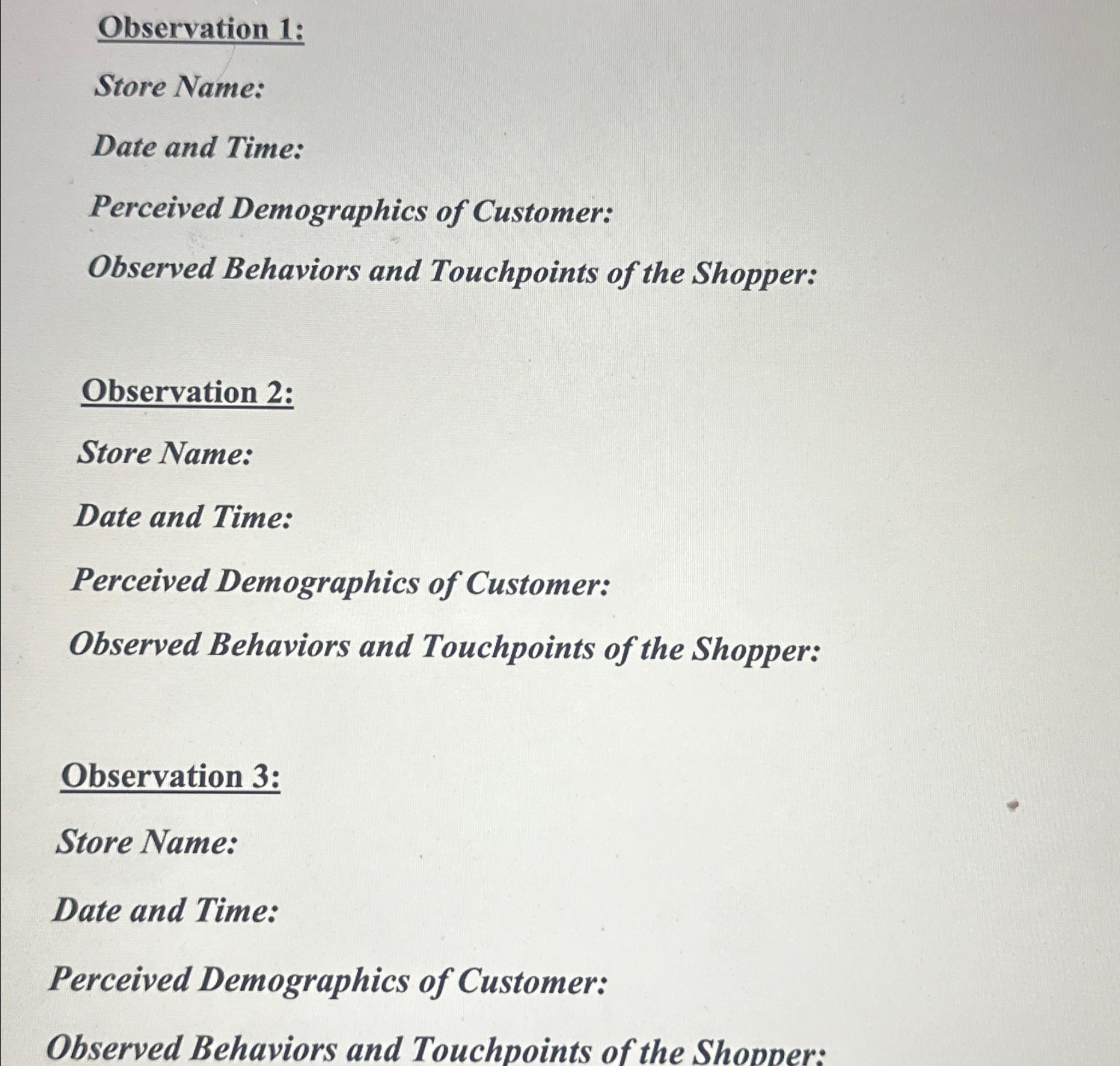 Solved Observation 1:Store Name:Date and Time:Perceived | Chegg.com