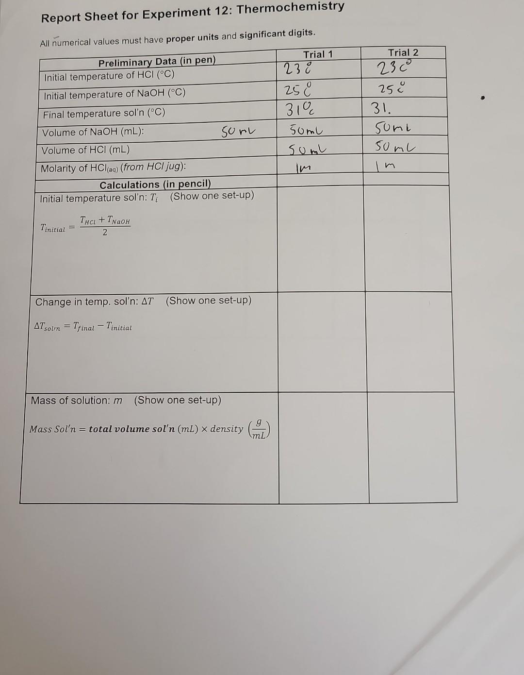 Report Sheet for Experiment 12: | Chegg.com