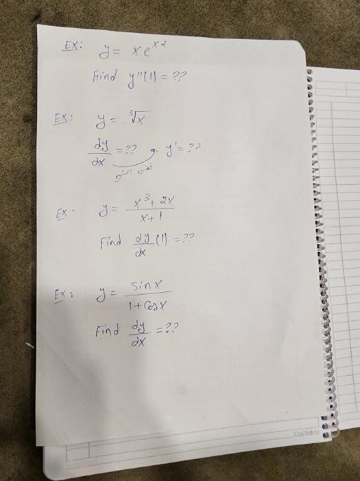 Solved Ex: y=xex2 Find y′′(1)= ?? x: y=3xdxdy=??,y′=?? Ex. | Chegg.com