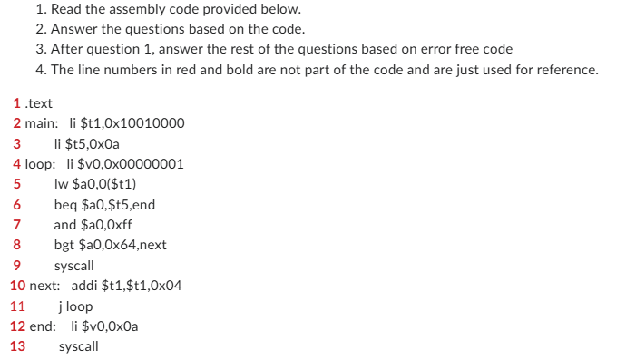 Solved 1. Read the assembly code provided below.2. Answer | Chegg.com Solved 1. Read the assembly code provided below.2. Answer | Chegg.com