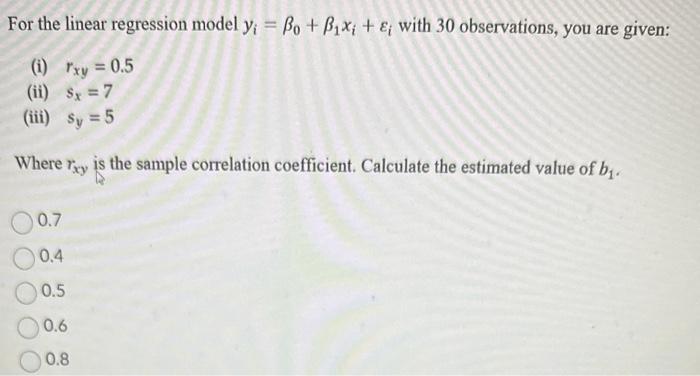 Solved For the linear regression model yi=β0+β1xi+εi with 30 | Chegg.com