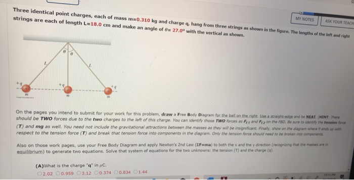 Solved Three identical point charges, each of mass m=0.310 | Chegg.com