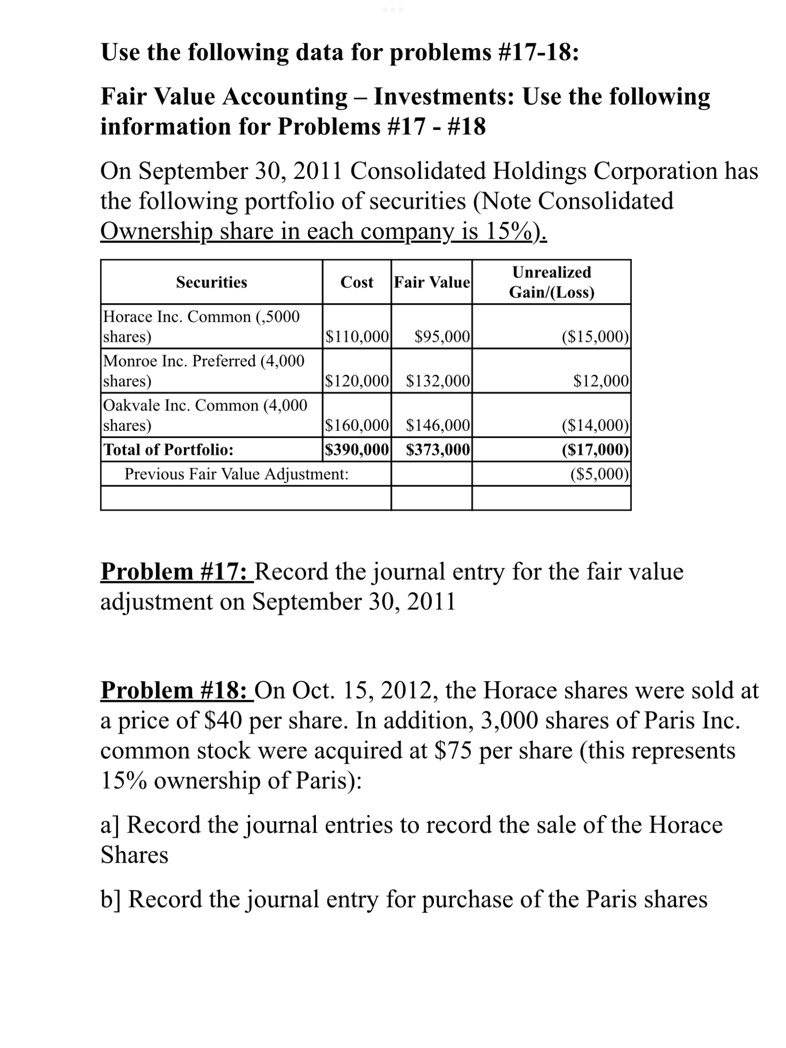 Solved Use the following data for problems #17-18:Fair Value | Chegg.com