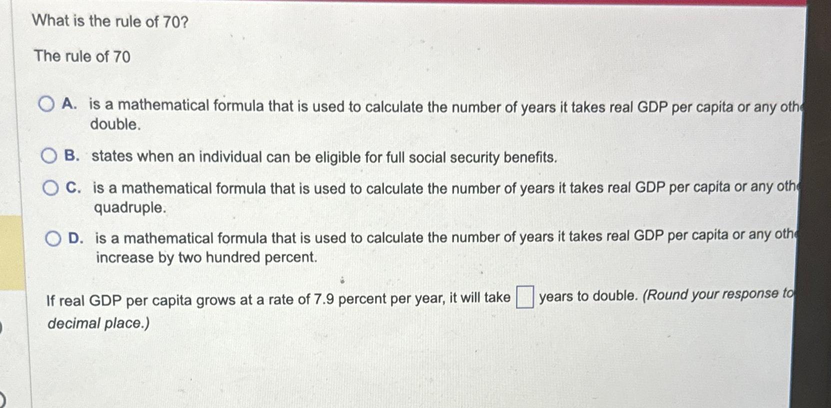Solved What is the rule of 70 ?The rule of 70A. ﻿is a | Chegg.com