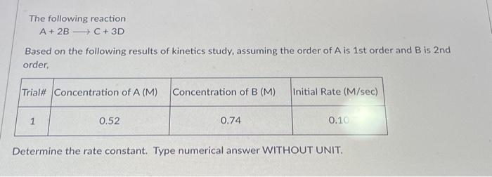 Solved The following reaction A+2 B C+3D Based on the | Chegg.com