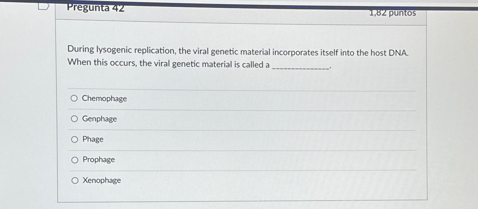 Solved Pregunta 421,82 ﻿puntosDuring lysogenic replication, | Chegg.com