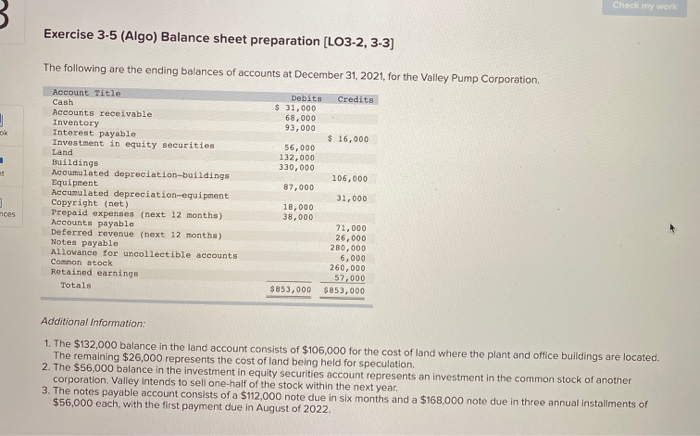 Solved Exercise 3-5 (Algo) Balance sheet preparation (LO3-2, | Chegg.com