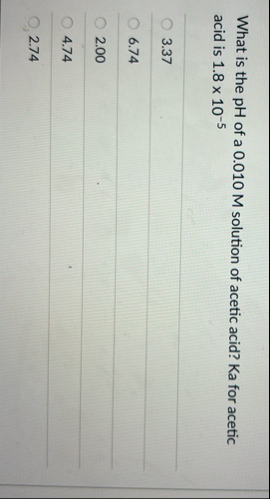Solved What is the pH of a 0.010 ﻿M solution of acetic acid? | Chegg.com