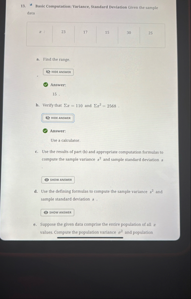 Solved Basic Computation: Variance, Standard Deviation Given | Chegg.com