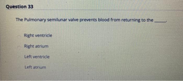 Solved Question 33 The Pulmonary semilunar valve prevents | Chegg.com