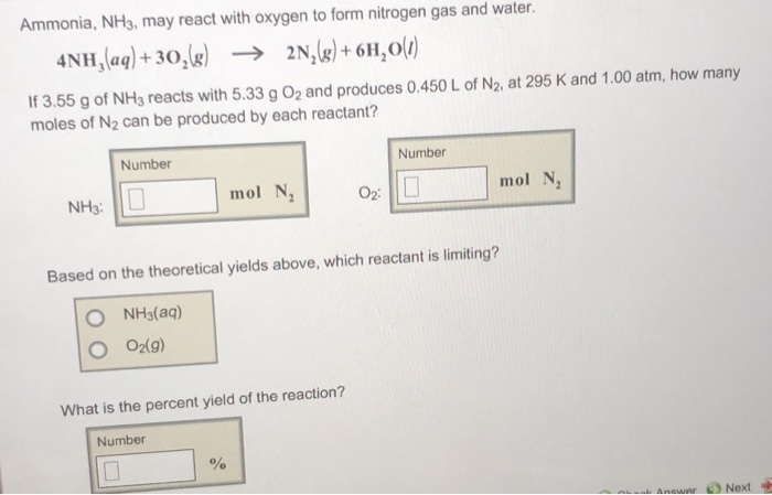 Solved Ammonia, NH3, may react with oxygen to form nitrogen | Chegg.com