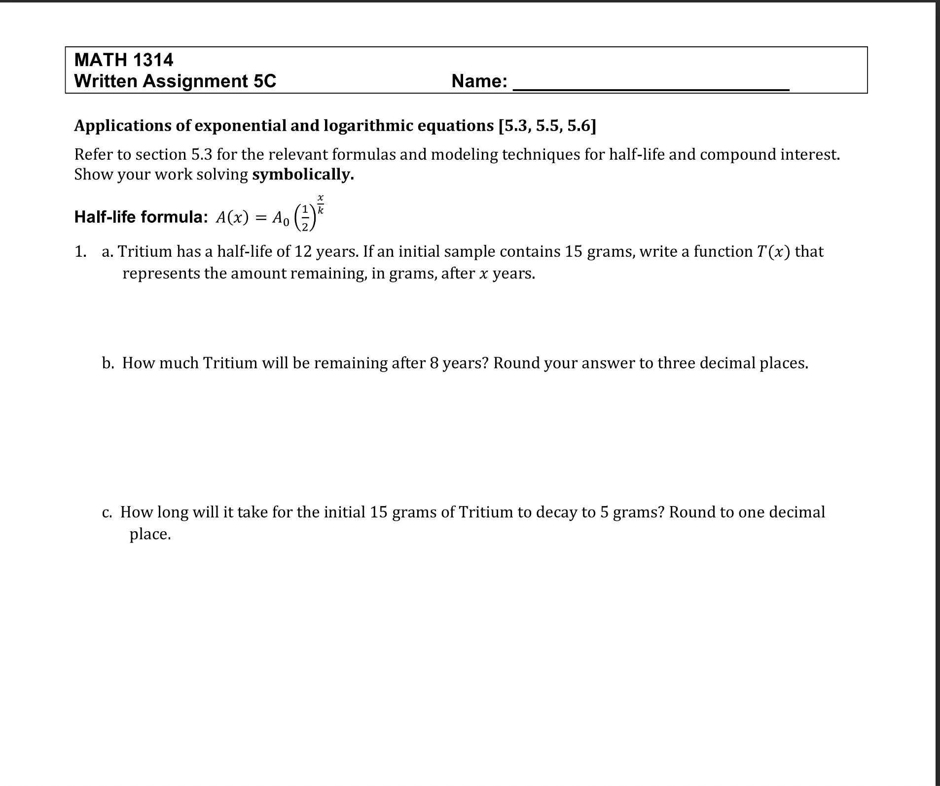 Solved MATH 1314 ﻿Written Assignment 5CName:Applications of | Chegg.com