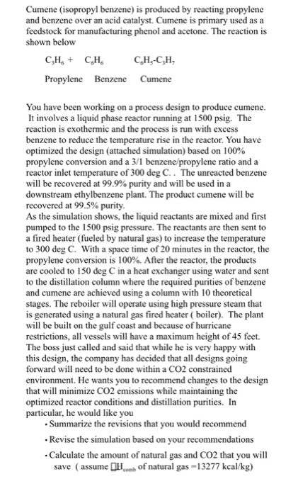 Cumene (isopropyl benzene) is produced by reacting | Chegg.com