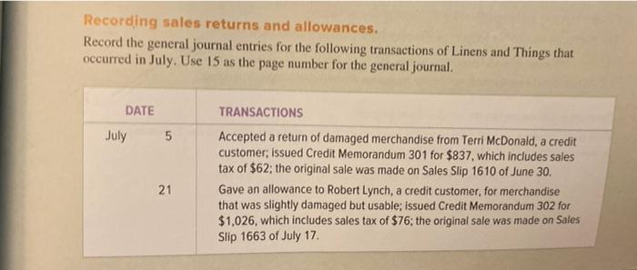 Solved Recording sales returns and allowances. Record the | Chegg.com
