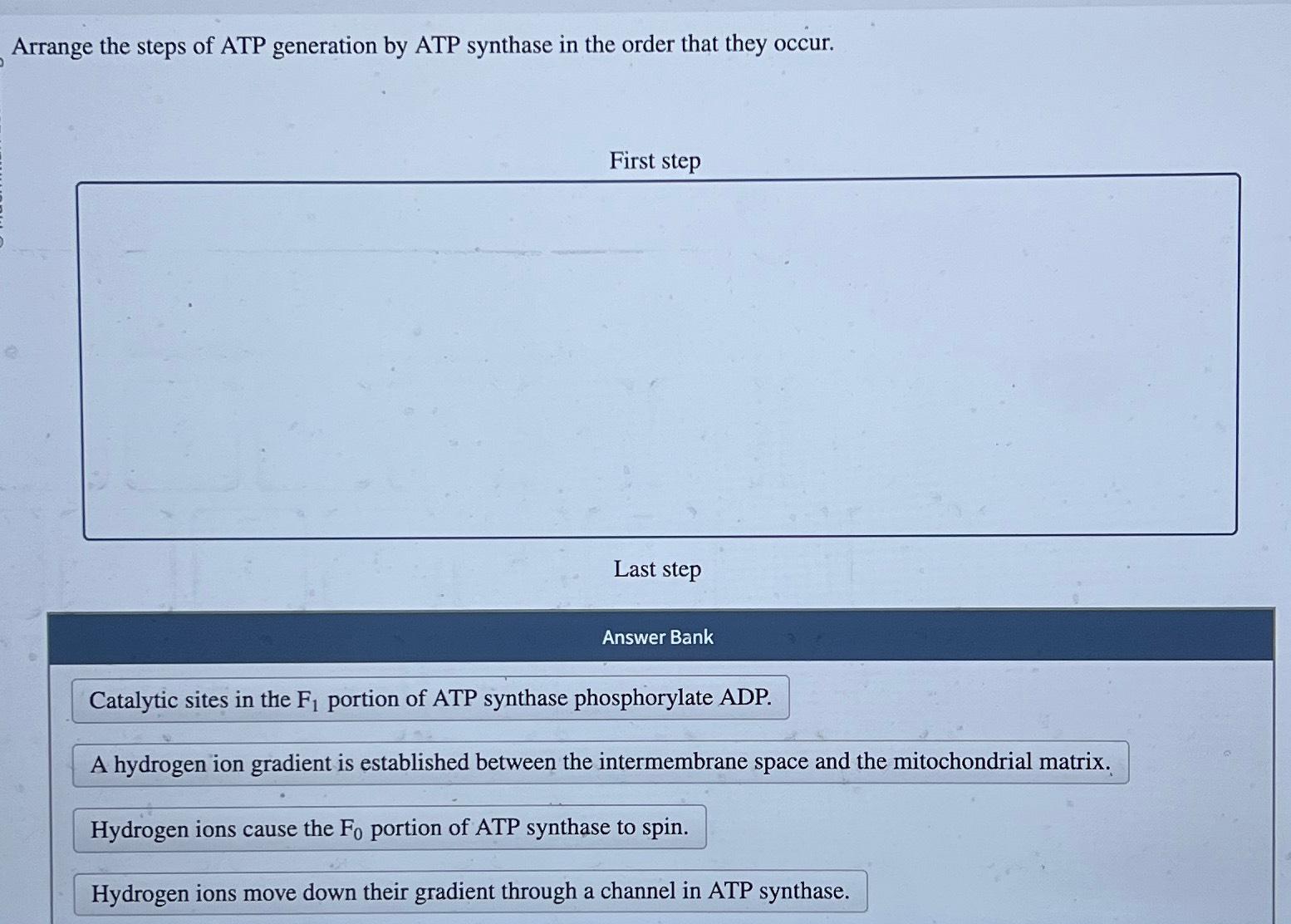 Solved Arrange the steps of ATP generation by ATP synthase | Chegg.com