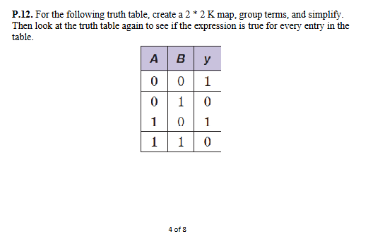 Solved P.12. ﻿For the following truth table, create a 2*2K | Chegg.com
