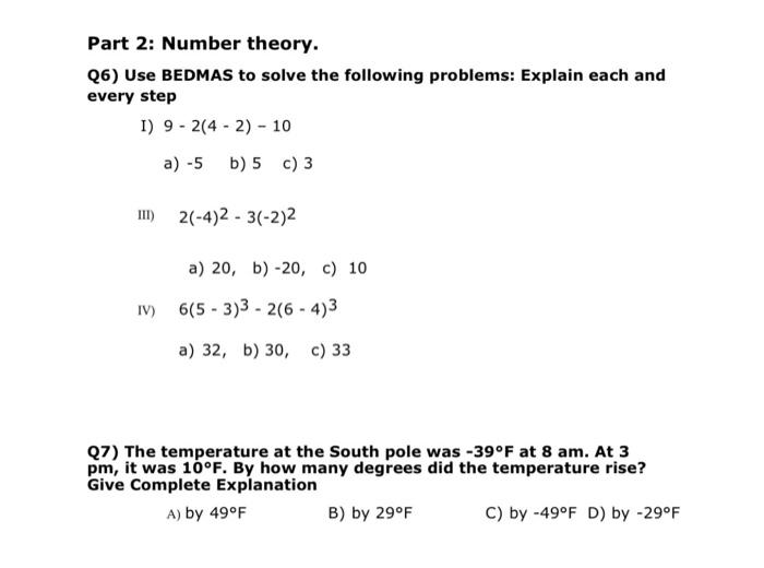Solved Part 2: Number theory. Q6) Use BEDMAS to solve the | Chegg.com