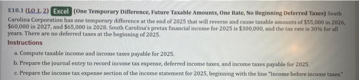 Solved E18.1 (L.O 1, 2) Excel (One Temporary Difference, | Chegg.com