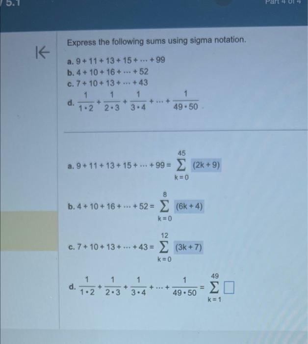 Solved Express the following sums using sigma notation. a. | Chegg.com