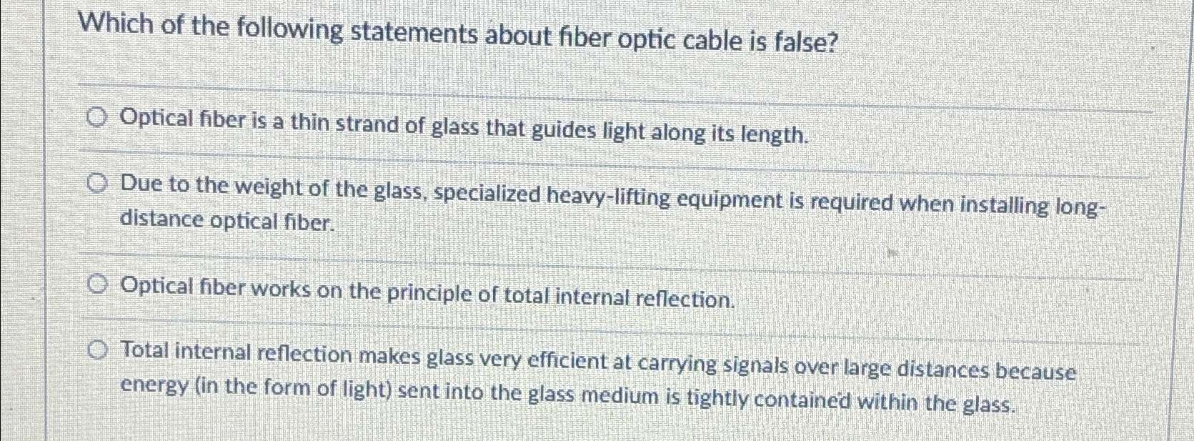 Solved Which of the following statements about fiber optic | Chegg.com