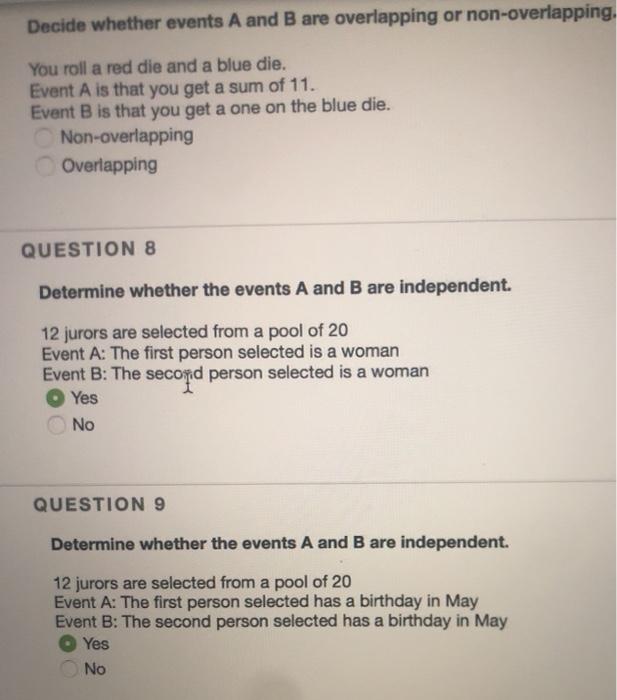 Solved Decide whether events A and B are overlapping or | Chegg.com