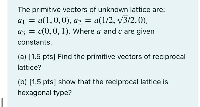 Solved = The primitive vectors of unknown lattice are: a1 | Chegg.com
