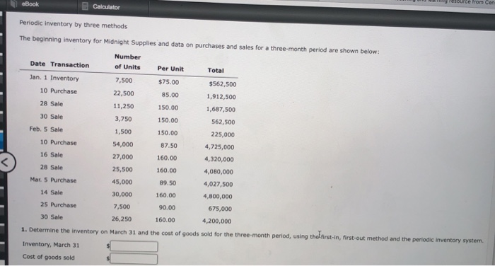 Solved Calculator Periodic Inventory by three methods The | Chegg.com