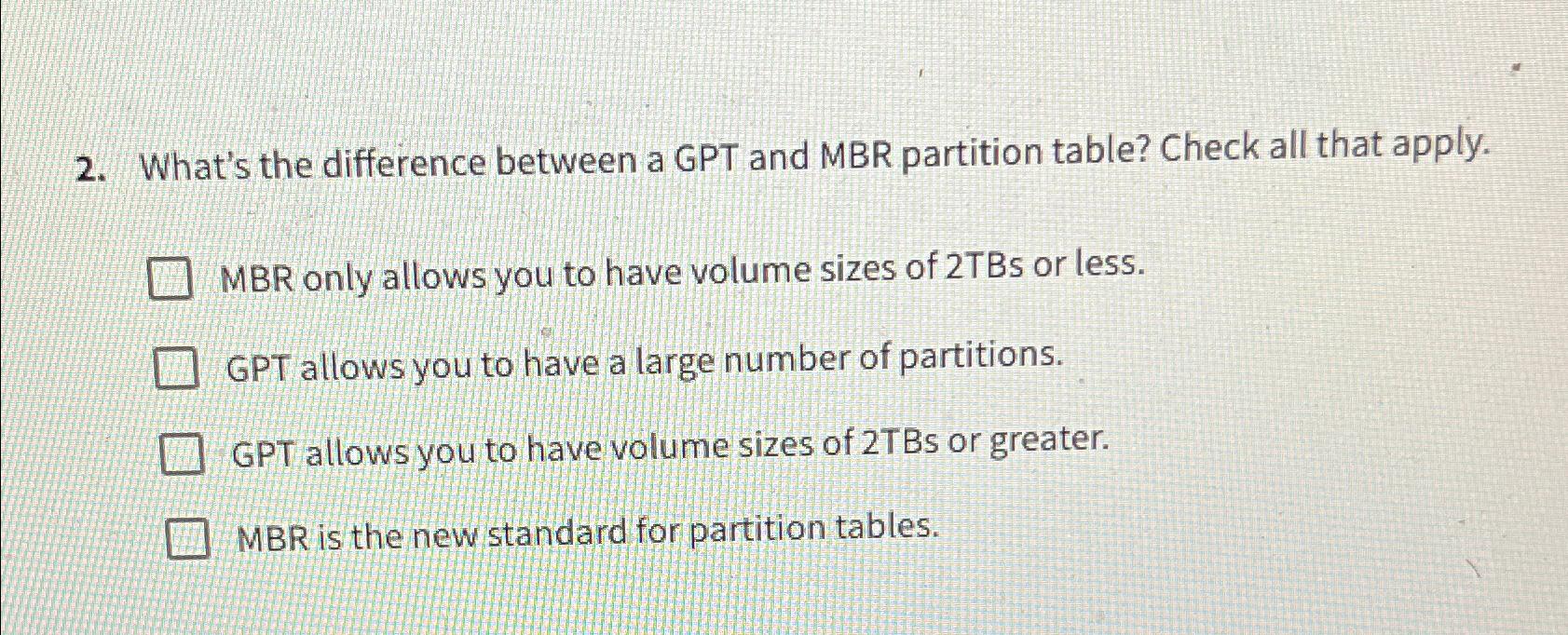 Solved What's the difference between a GPT and MBR partition | Chegg.com