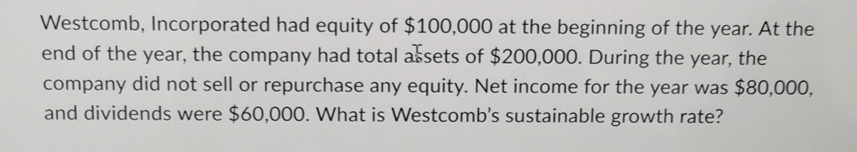 Solved Westcomb, Incorporated had equity of $100,000 at the | Chegg.com