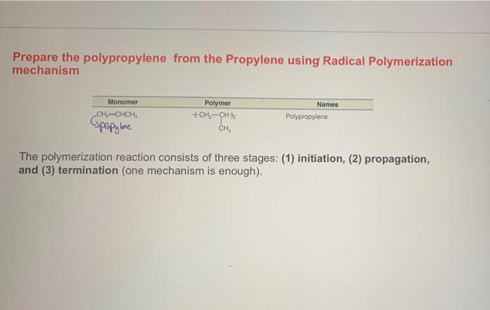 Solved Prepare the polypropylene from the Propylene using | Chegg.com