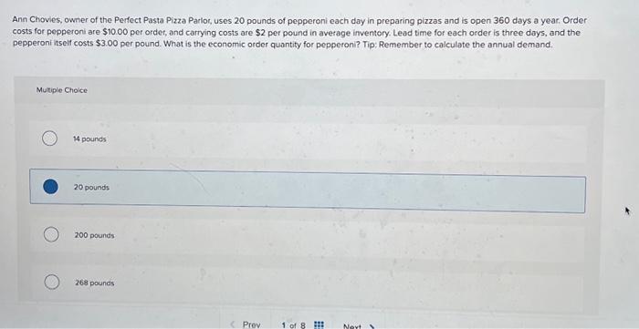 Solved Ann Chovies, owner of the Perfect Pasta Pizza Parlor, | Chegg.com