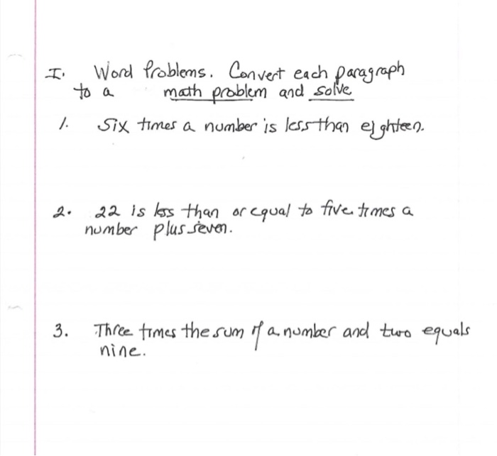 Solved Word Problems. Convert each paragraph to a math | Chegg.com