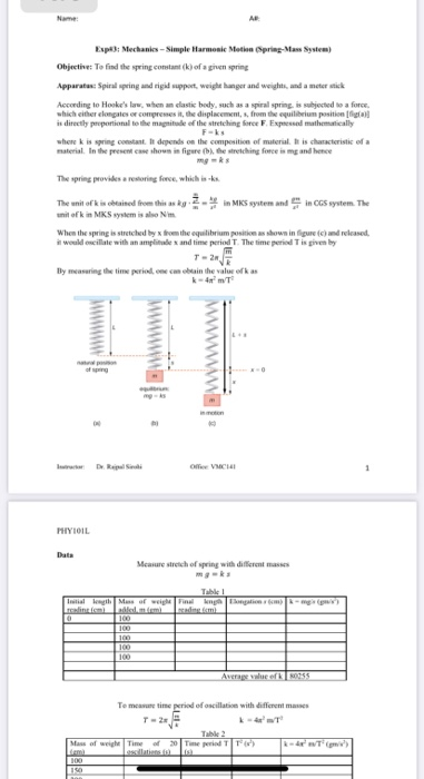 Solved Exp3: Mechanics - Simple Harmonic Motion Spring-Mass | Chegg.com