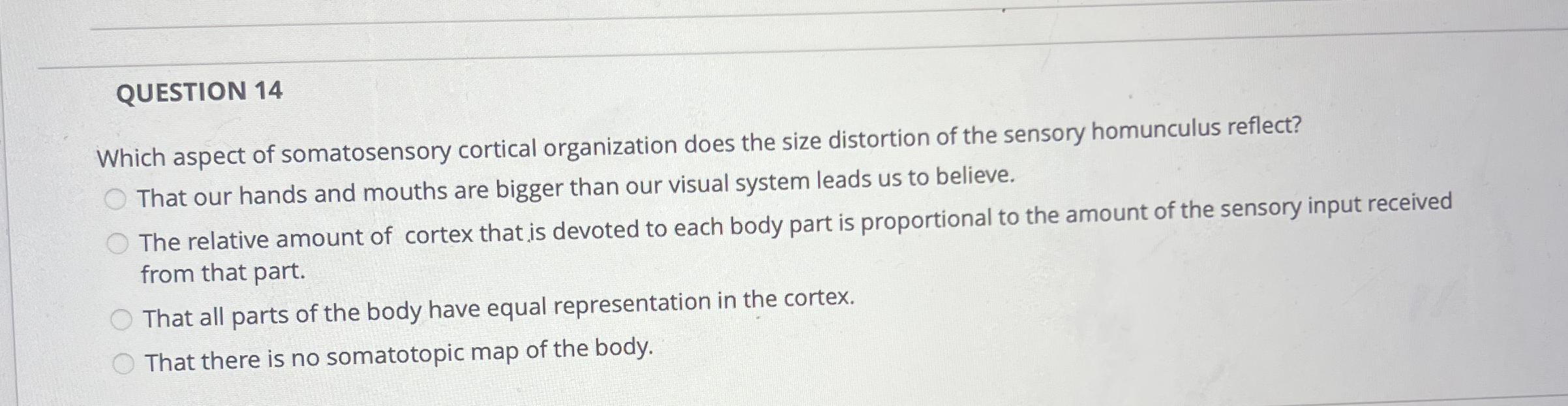 Solved QUESTION 14Which aspect of somatosensory cortical | Chegg.com