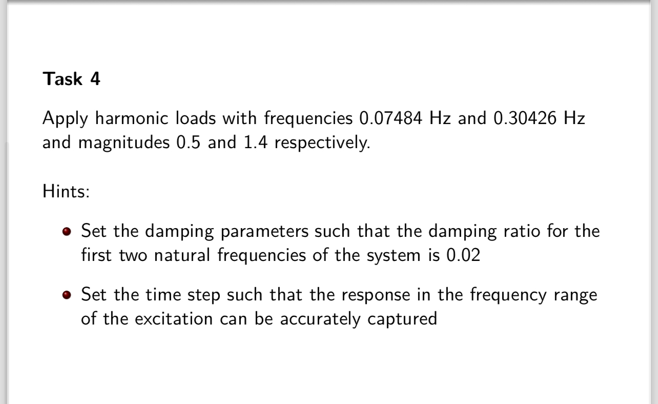 Solved Task 4Apply harmonic loads with frequencies 0.07484Hz | Chegg.com