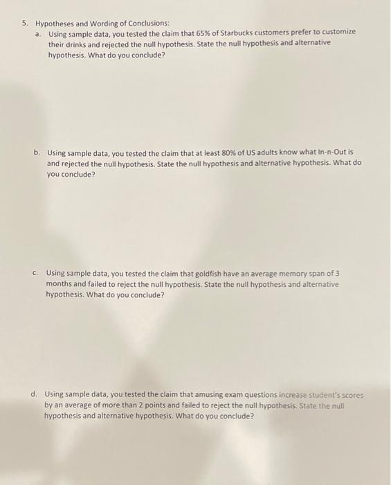 Solved 5. Hypotheses and Wording of Conclusions: a. Using | Chegg.com