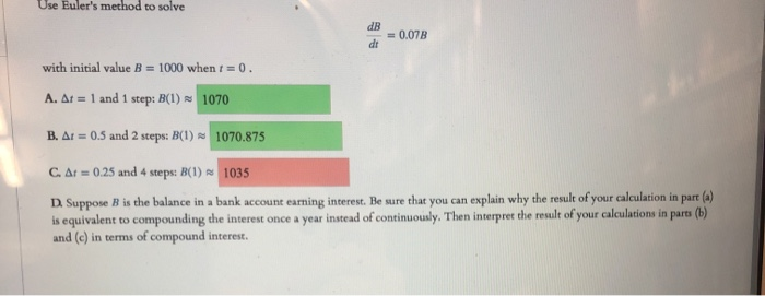 Solved Use Euler's method to solve = 0.07B with initial | Chegg.com