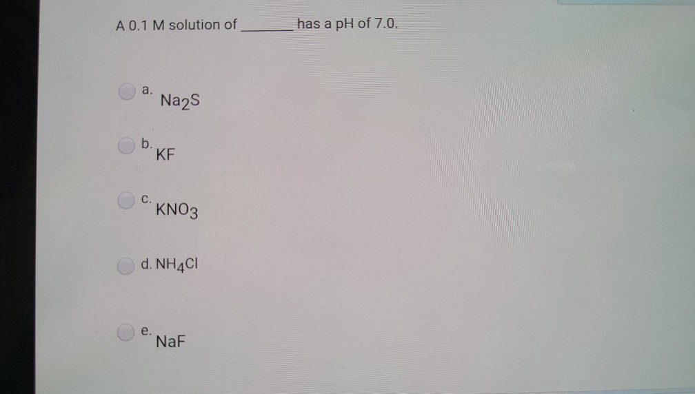 Solved A 0.1 M solution of has a pH of 7.0. a. Na2S b KE C. | Chegg.com