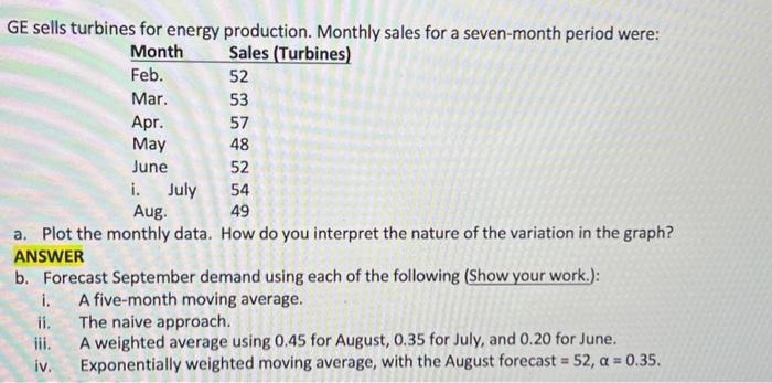 Solved GE sells turbines for energy production. Monthly | Chegg.com